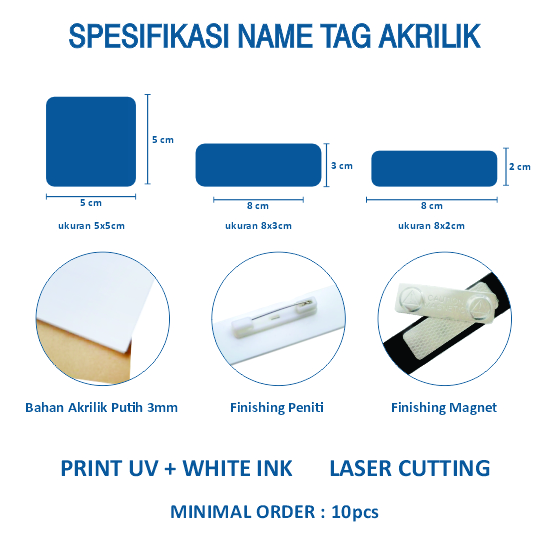 Name Tag Peniti Akrilik Putih 8x2 | Tops Print